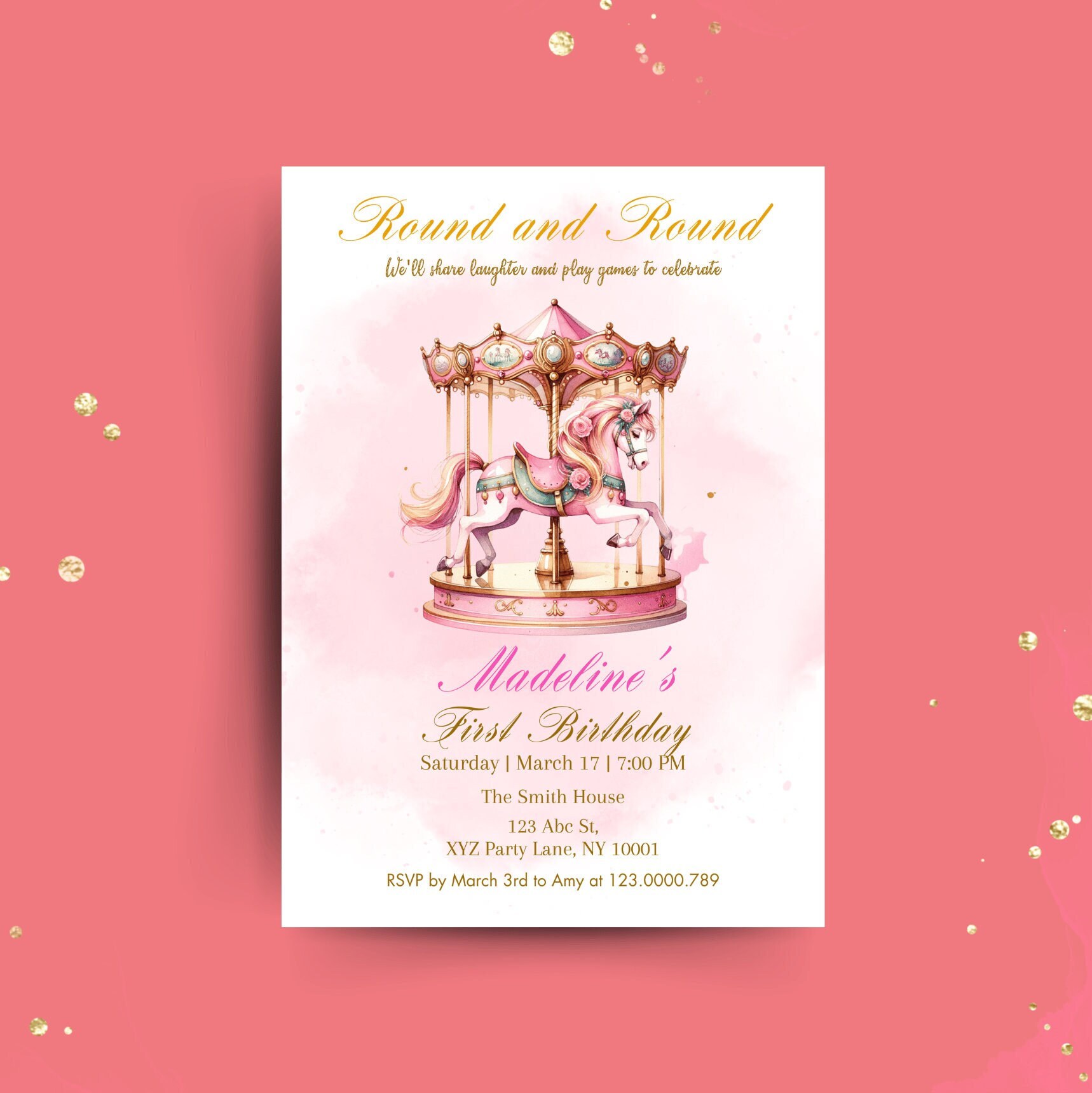 Editable Carousel Birthday Party Invitation Little Girls Pink Party ...