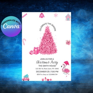 Pink Christmas Party Invitation Template, Pink Christmas Tree Invite ...