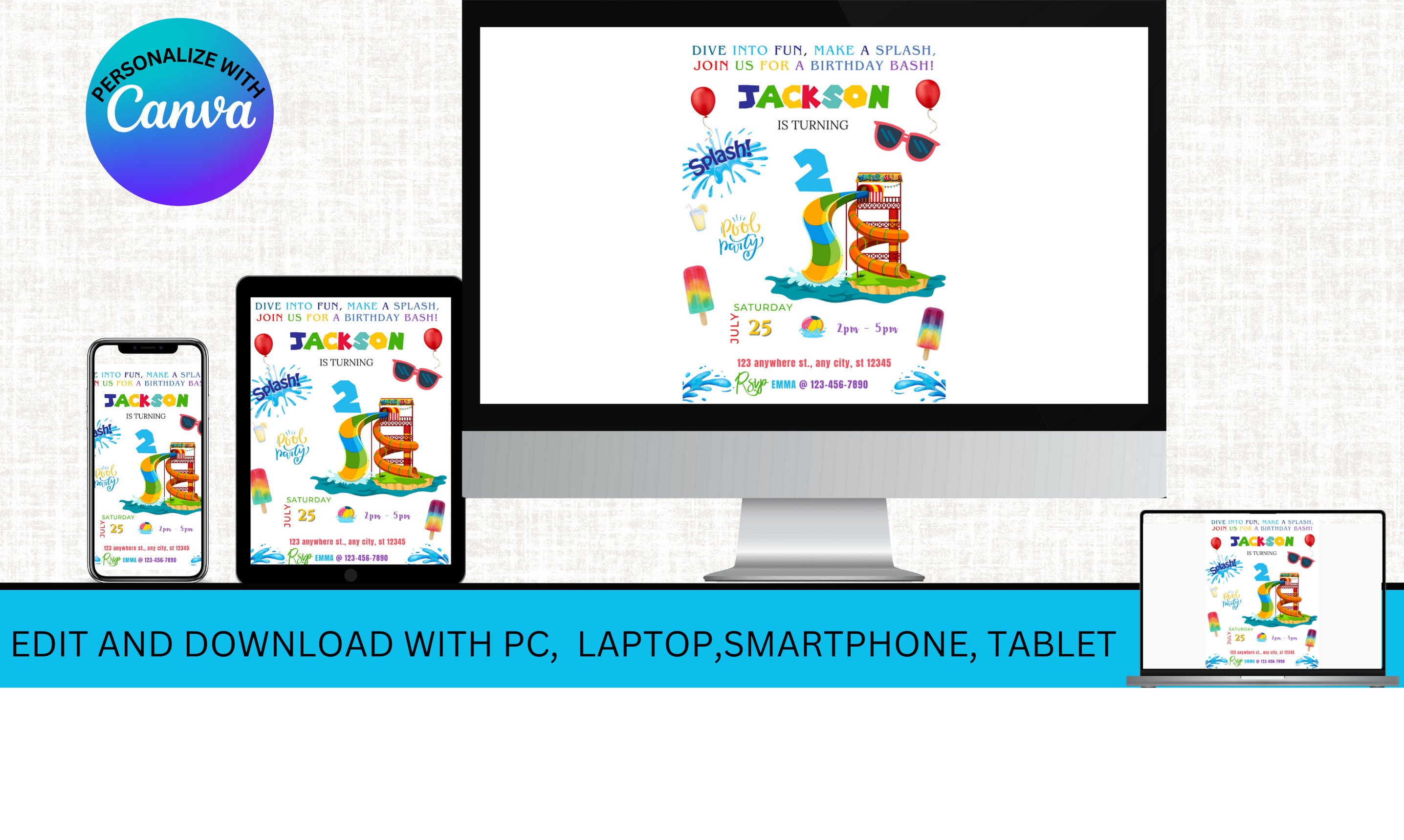 Editable Water Slide Birthday Splash Party Invitation - Etsy