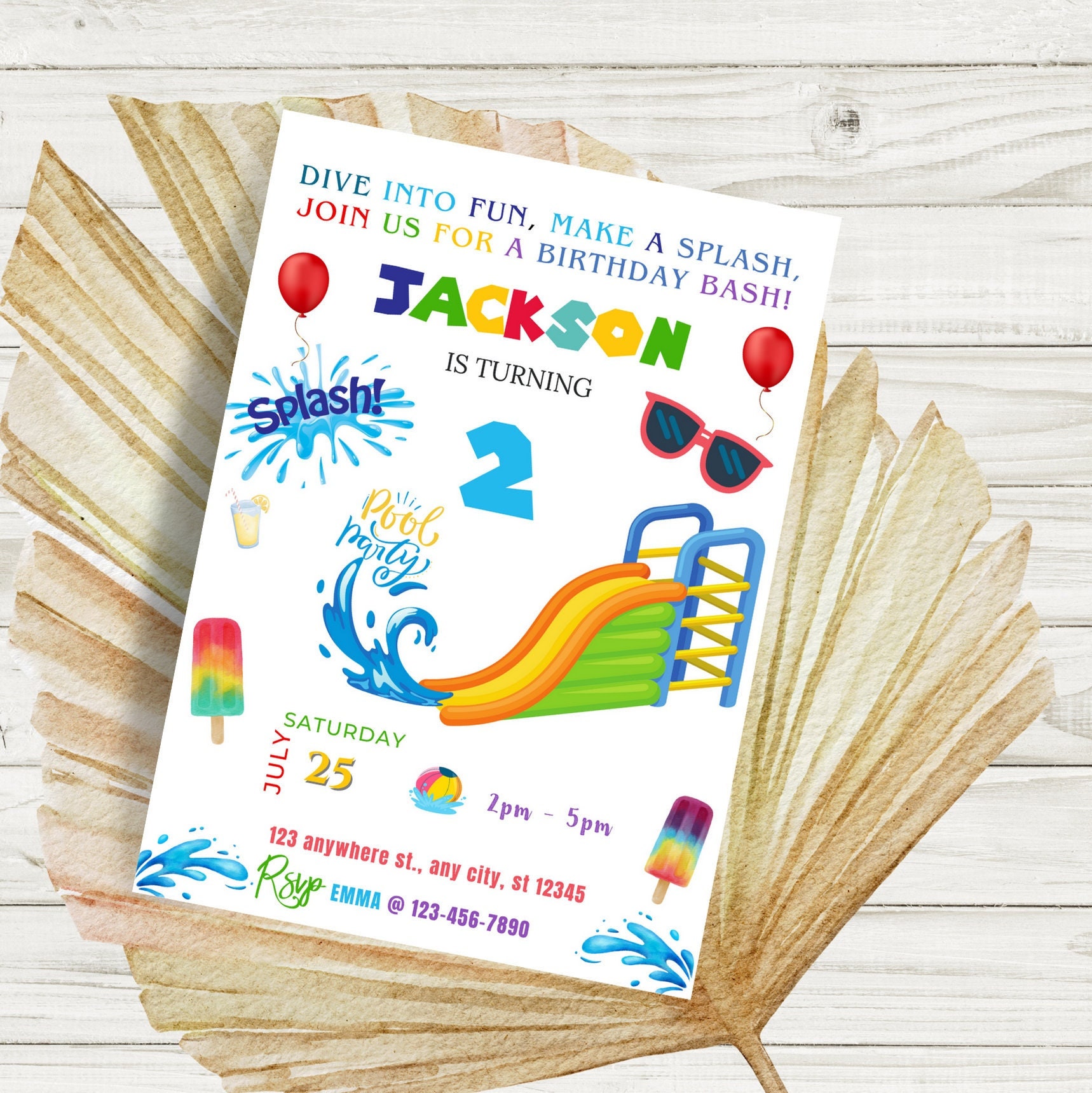 Editable Water Slide Birthday Splash Party Invitation Waterslide Bash ...