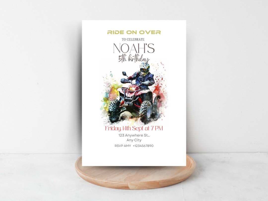 Editable Red ATV Wheeler Bike Birthday Invitation, Ride on Over Theme ...