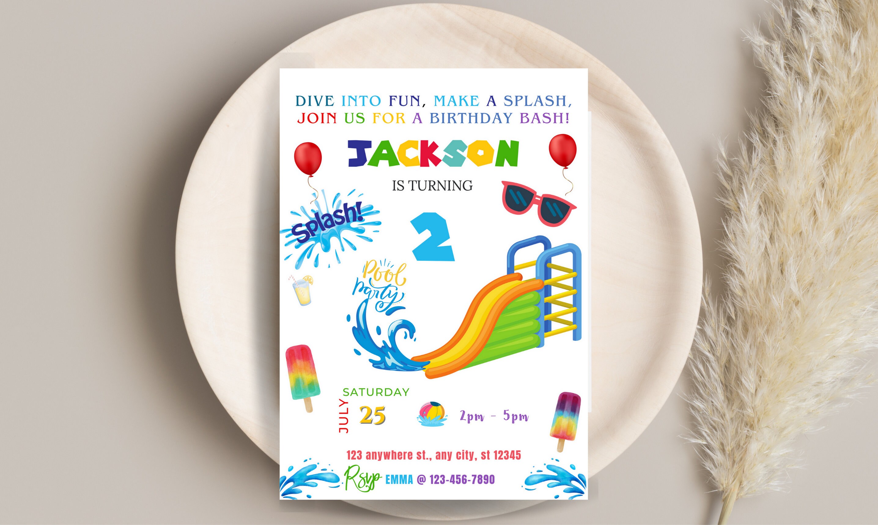 Editable Water Slide Birthday Splash Party Invitation Waterslide Bash ...