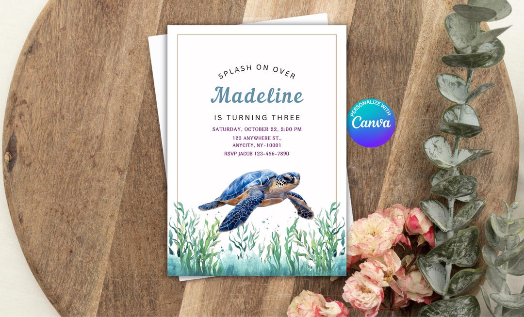Turtle Party Invitation, Turtle Birthday Invite, Kids Birthday Invite ...