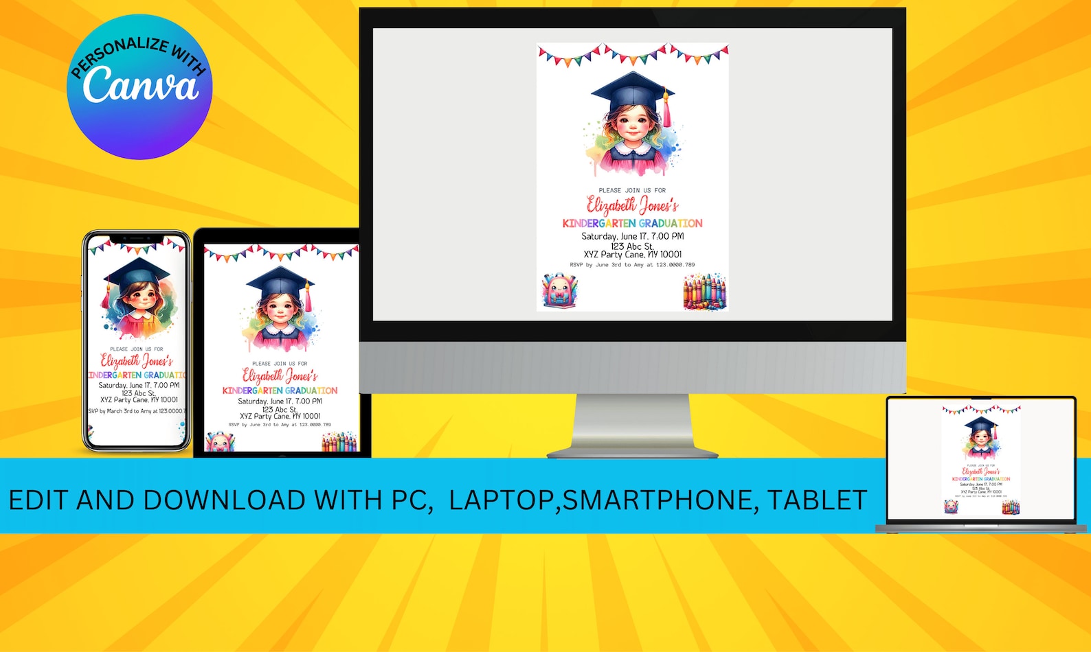Editable Kindergarten Graduation Invitation: Girl's Party (printable ...