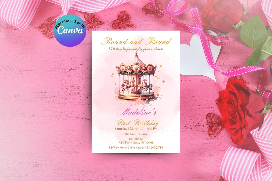 Editable Carousel Birthday Party Invitation Little Girls Pink Party ...