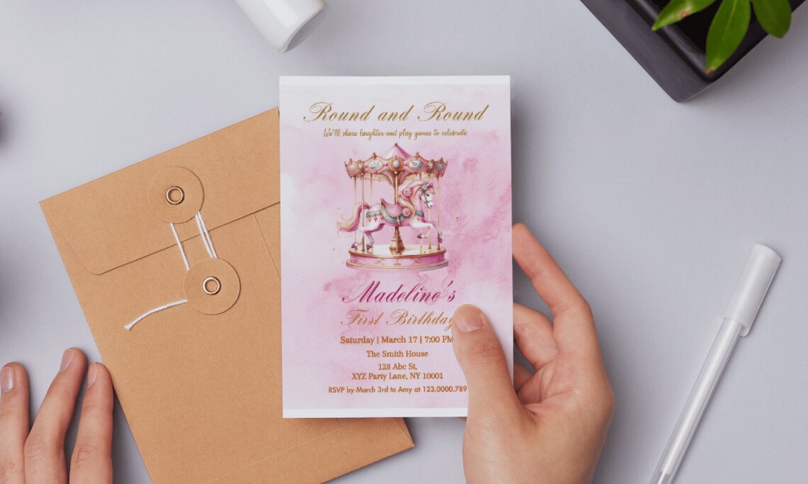 Editable Carousel Birthday Party Invitation Little Girls Pink Party ...