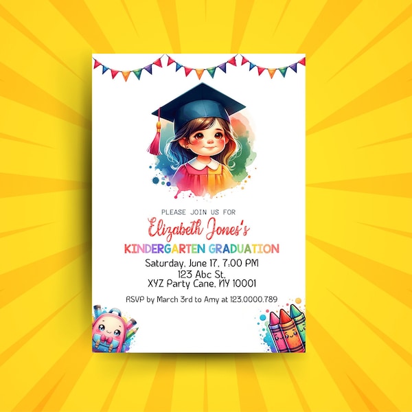Editable Kindergarten Graduation Invitation, Girl Graduation Party ...