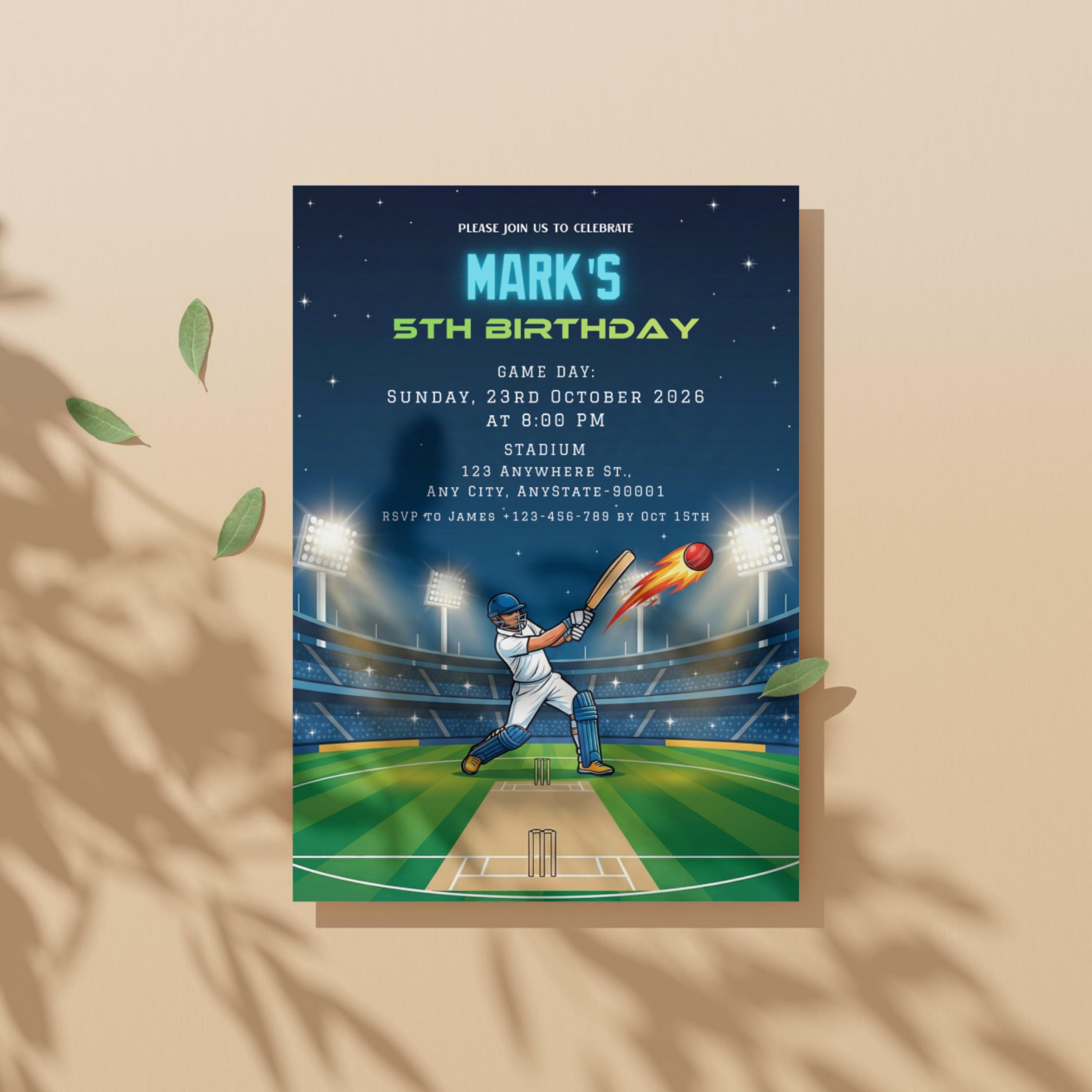Editable Cricket Birthday Invitation: Batsman, Bat, Ball, Stumps (canva ...