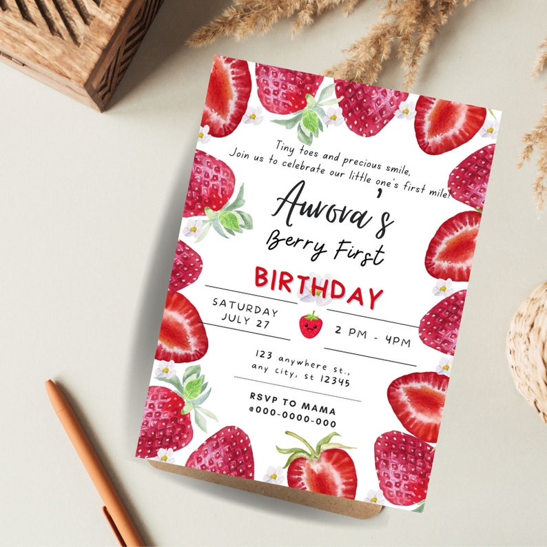 Editable Strawberry Birthday Invitation First Birthday Berry - Etsy