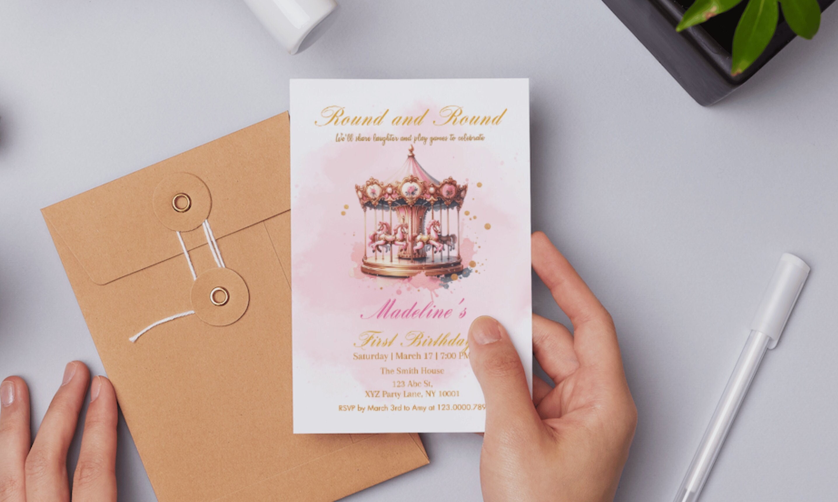 Editable Carousel Birthday Party Invitation Little Girls Pink Party ...