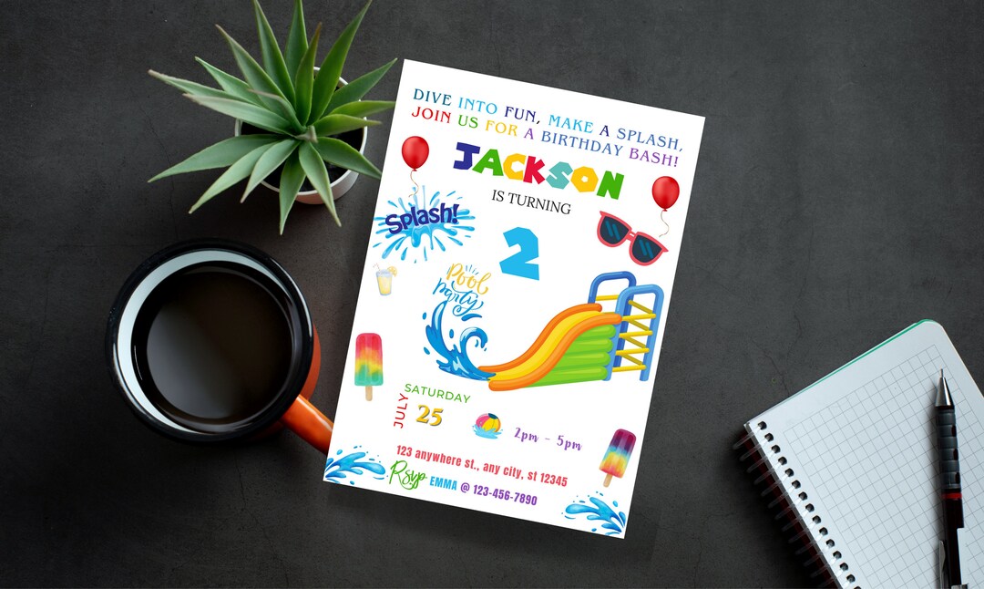 Editable Water Slide Birthday Splash Party Invitation Waterslide Bash ...