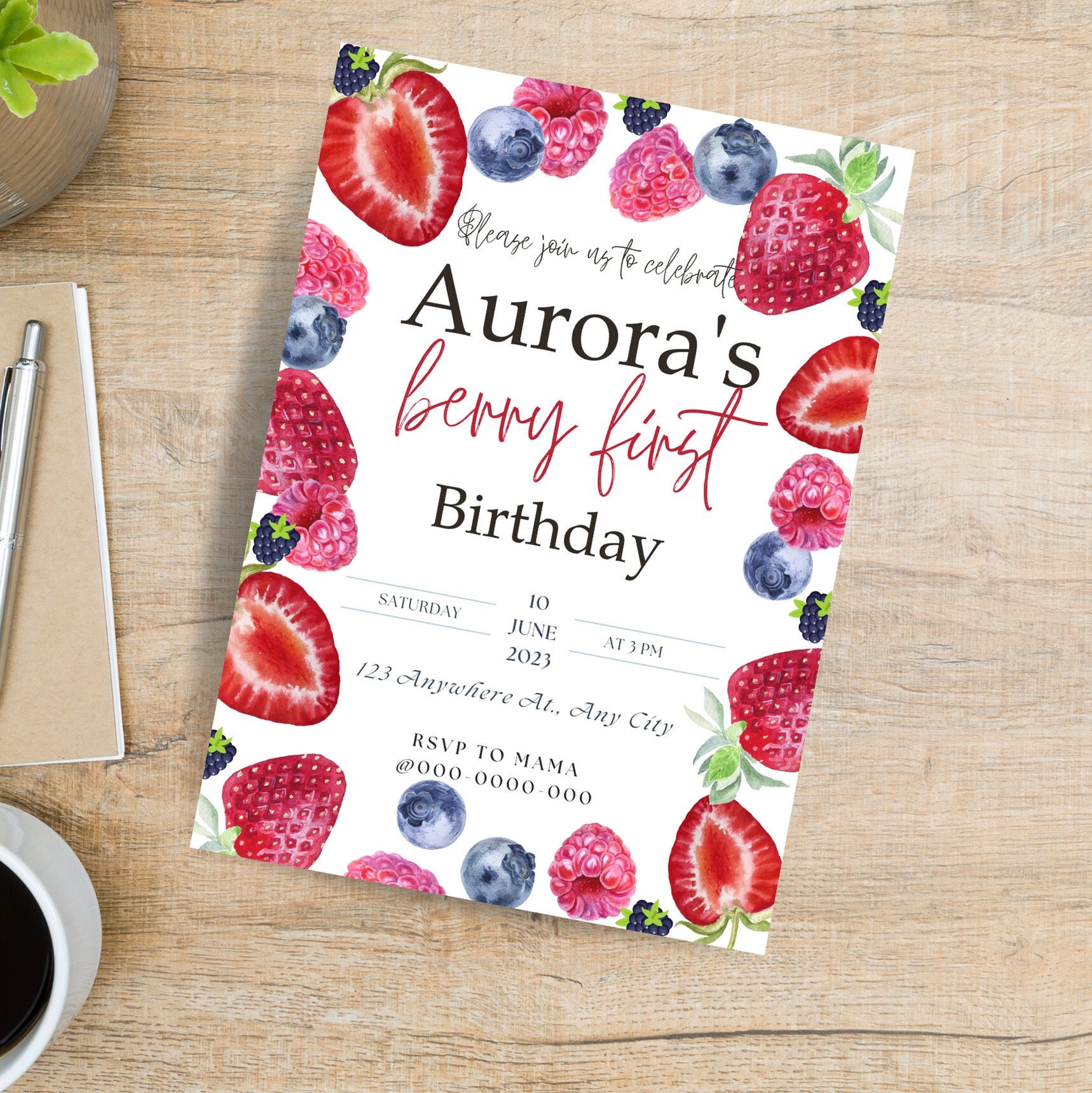 Editable Berry First Birthday Invitation Blueberry Strawberry ...