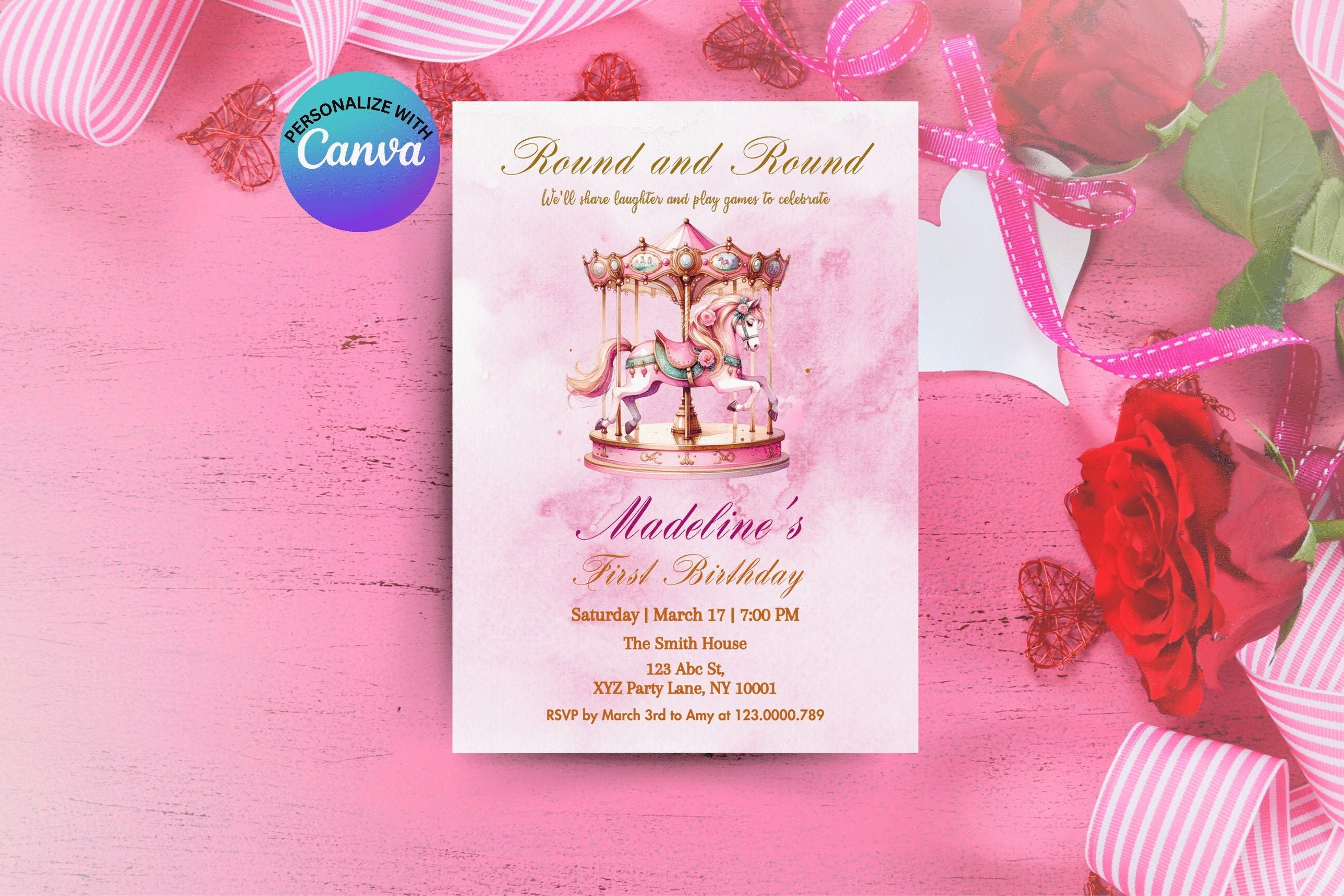 Editable Carousel Birthday Party Invitation Little Girls Pink Party ...