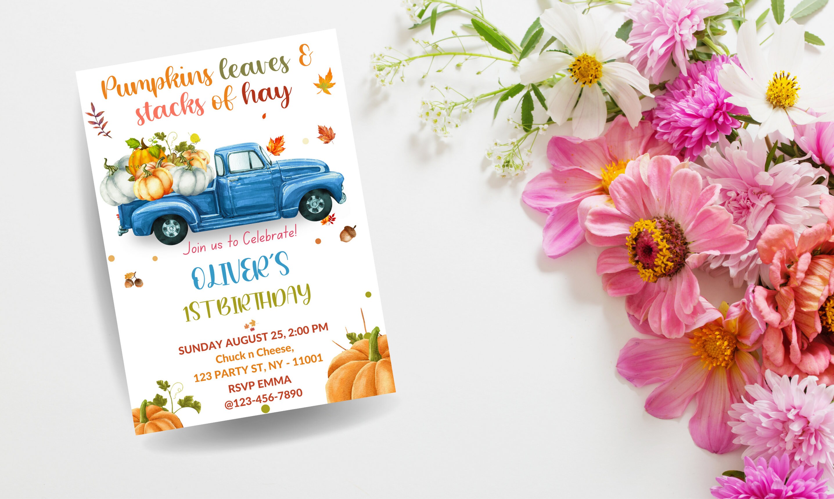 Editable Pumpkin Birthday Invitation Boy Fall Pumpkin Blue Truck ...