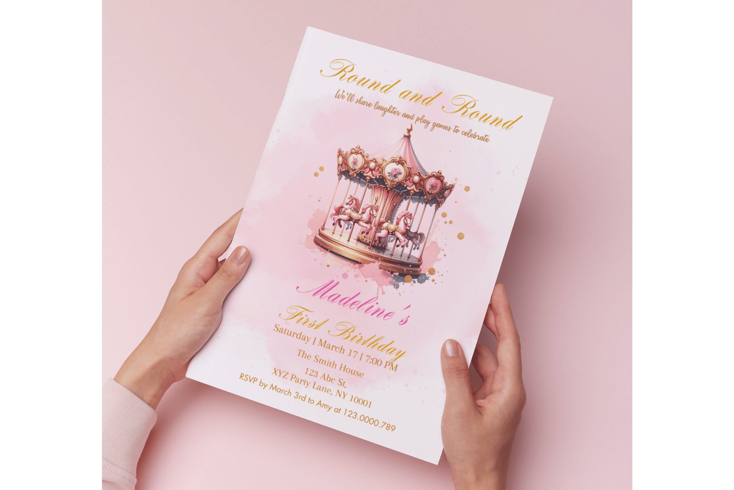 Editable Carousel Birthday Party Invitation Little Girls Pink Party ...