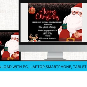 Editable Christmas Party Invitation, Santa Clause Reindeer Ornament ...