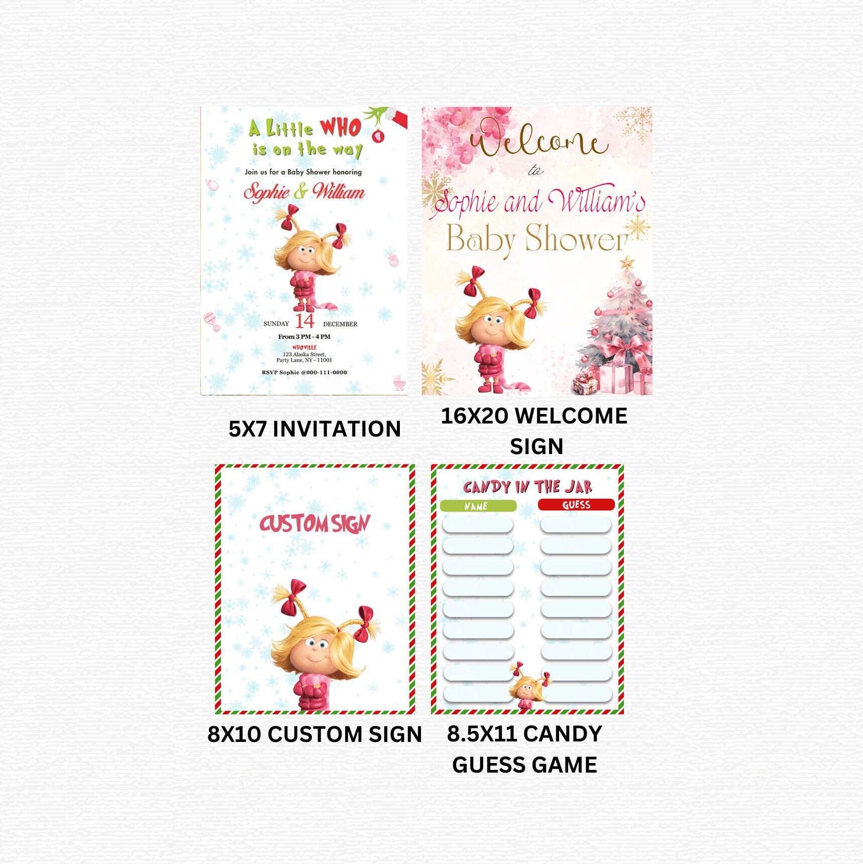 Grinch Cindy Lou Who Baby Shower Invitation Bundle, Christmas Grinch ...