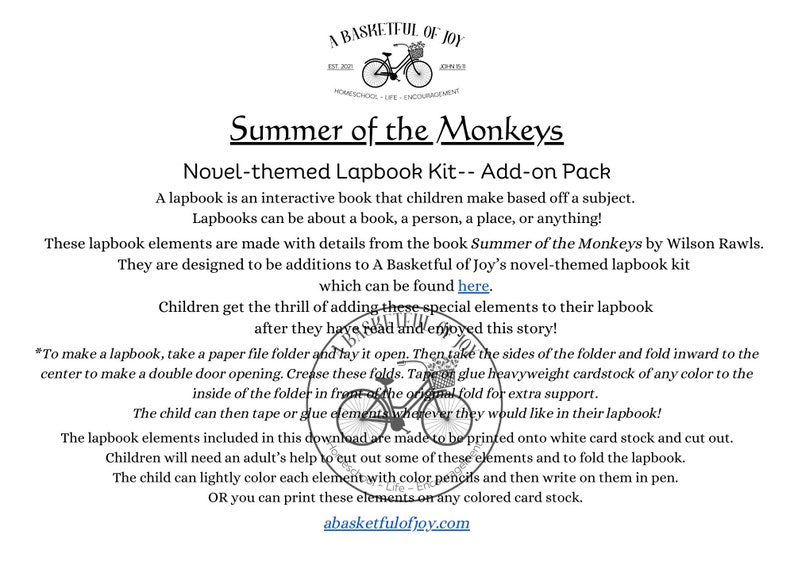 Lapbook Kit ADD ON- Summer of the Monkeys Novel-themed Elements - Etsy