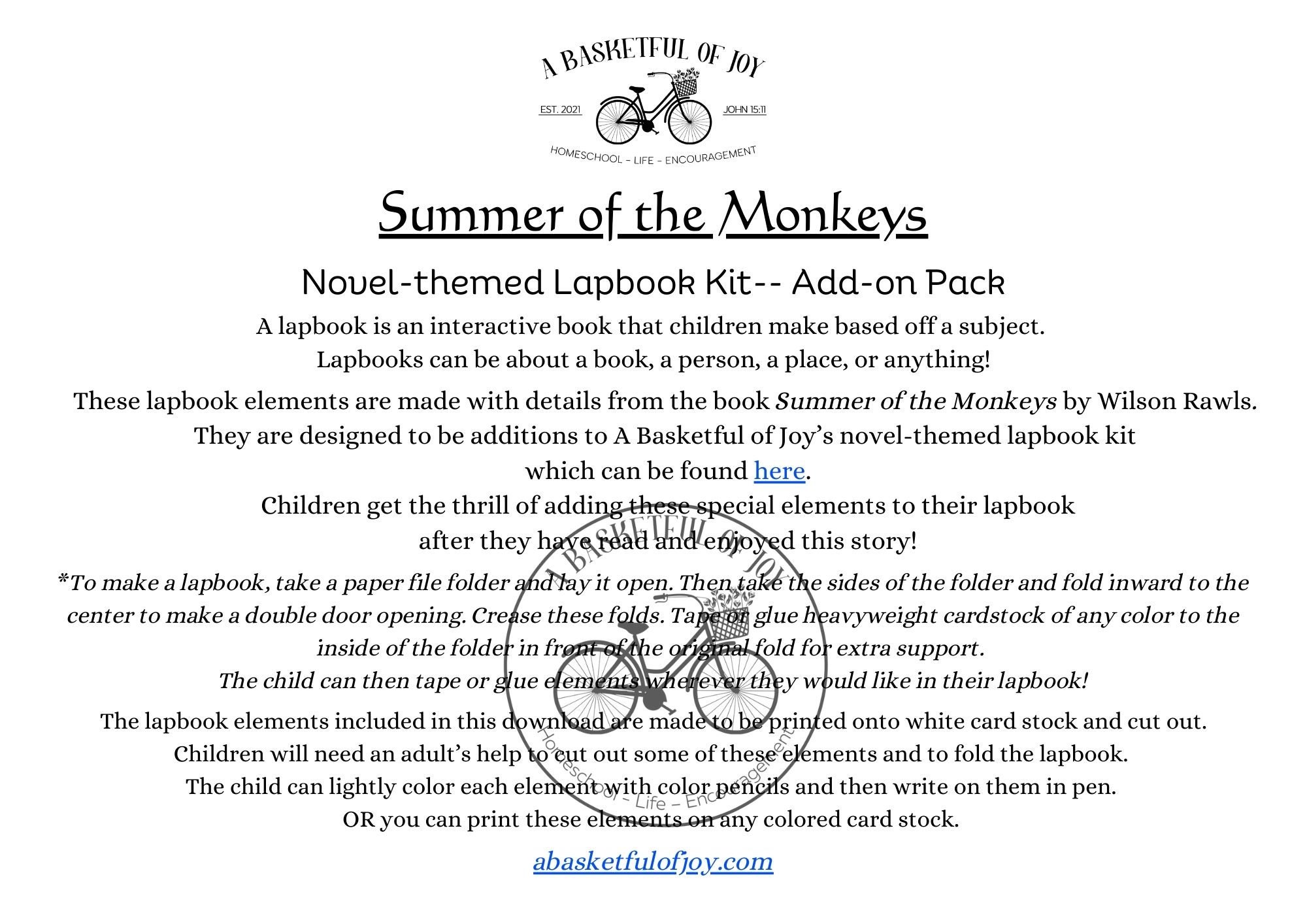 Lapbook Kit ADD ON- Summer of the Monkeys Novel-themed Elements - Etsy