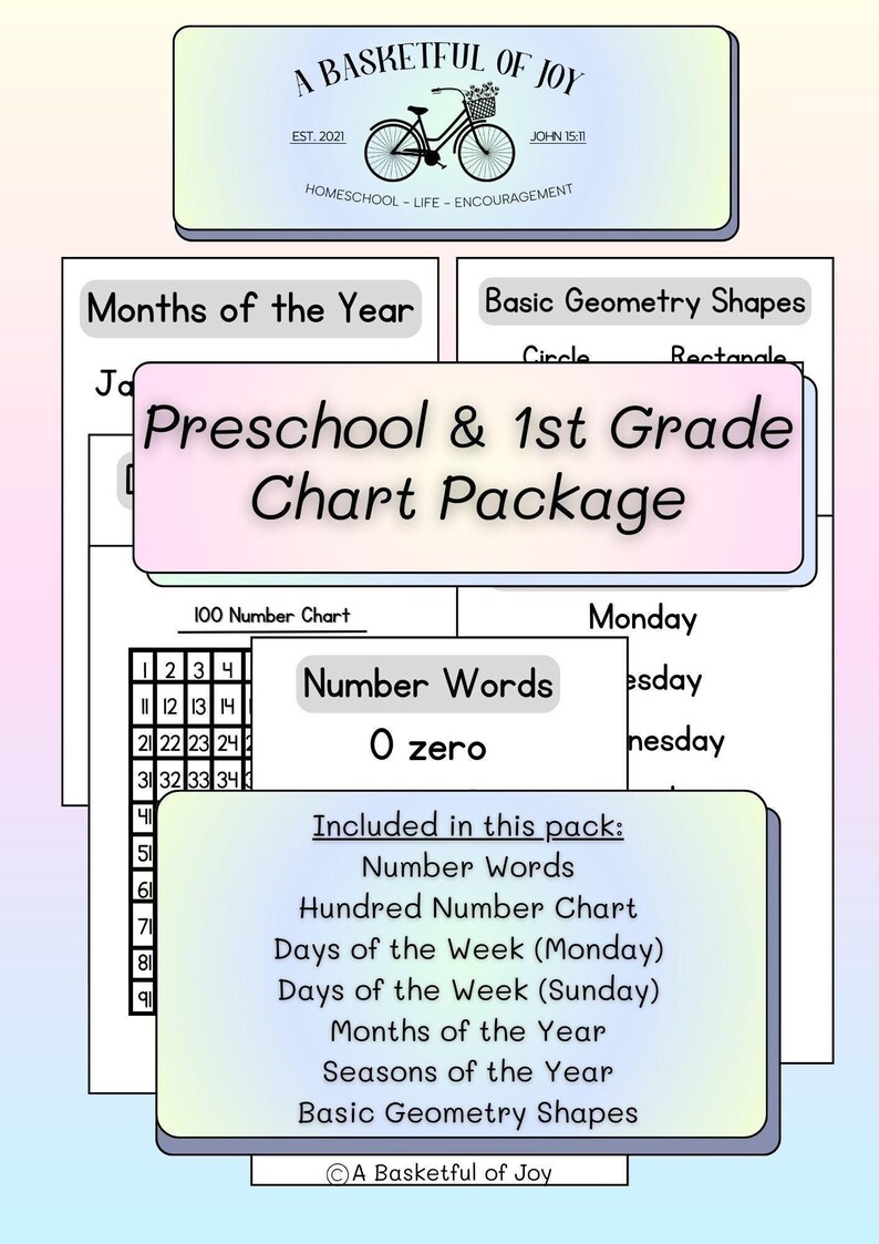 Preschool First Grade Chart Package- Heidis Basketful of Joy - Etsy