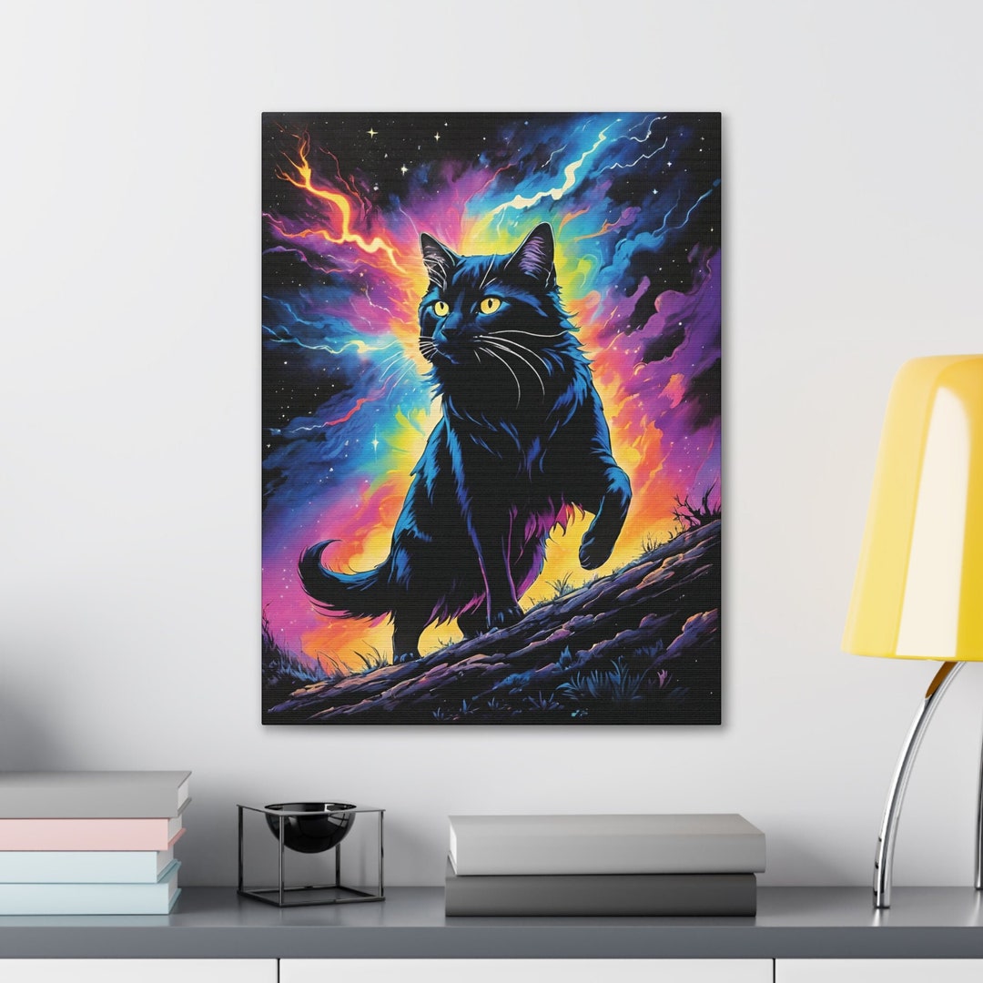 Black Cat Canvas Print, Black Cat Wall Decor Gift, Colorful Black Cat ...