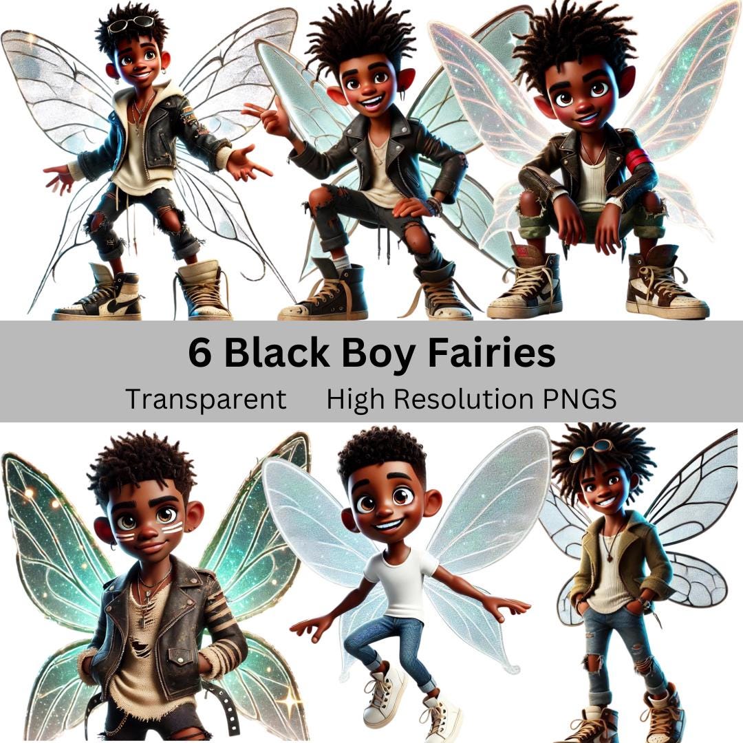 Black Boy Fairies PNG Set: Magical African American Clipart (digital ...