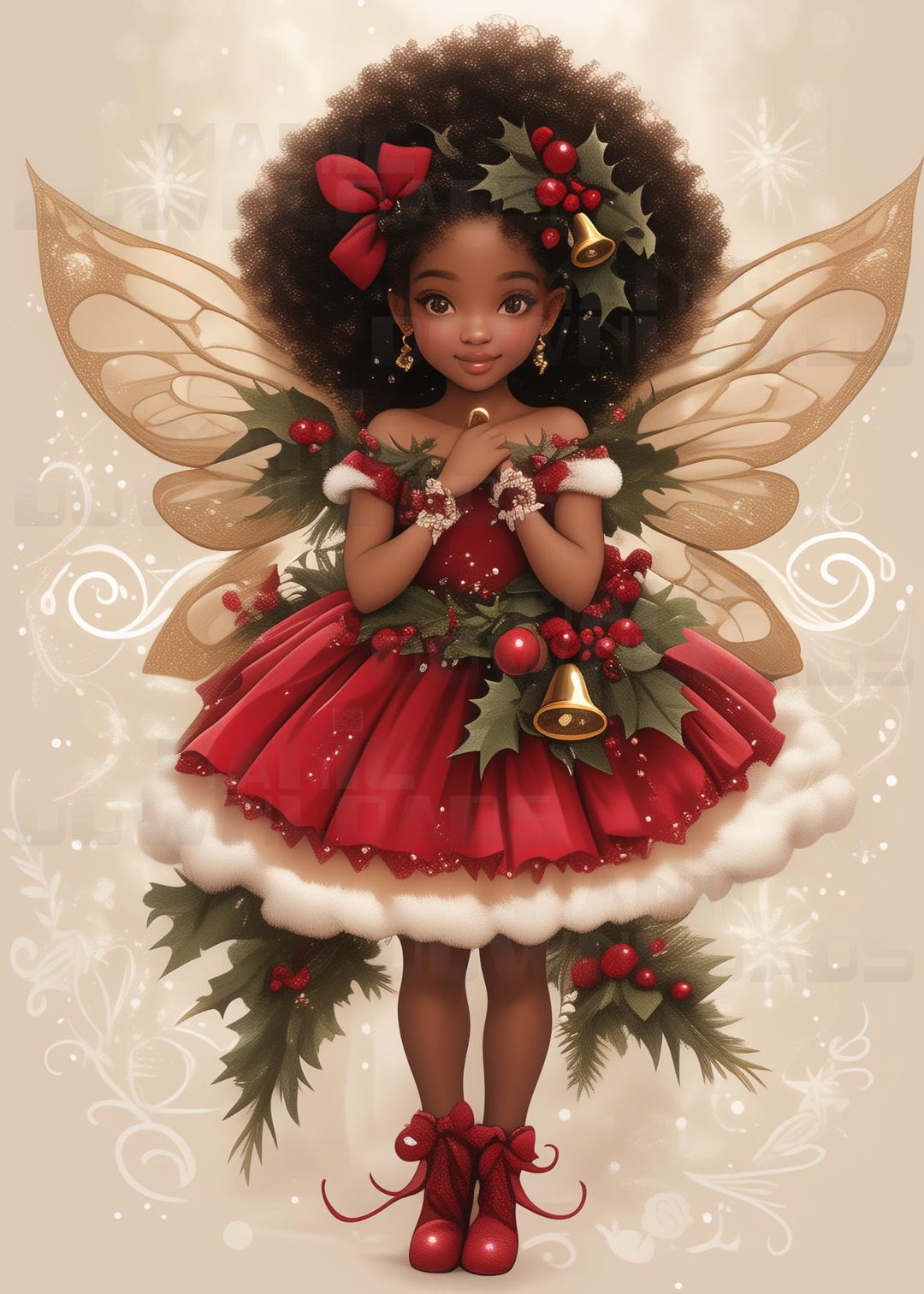 African American Christmas Fairy Art: Digital Holiday Greetings Card ...
