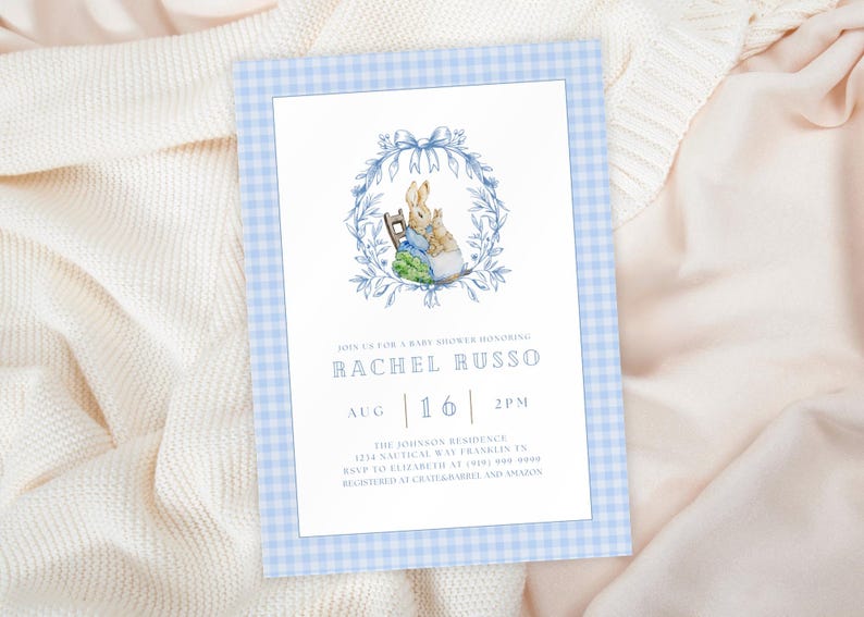 Gingham Peter Rabbit Baby Shower Invitation Template, Blue Classic ...
