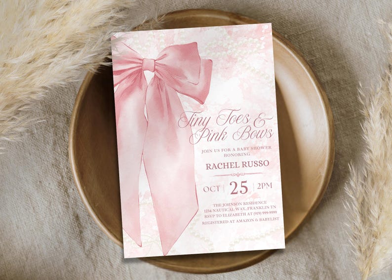 Elegant Pink Bow Girl Baby Shower Invitation Template, Instant Download, Editable Tiny Toes ...
