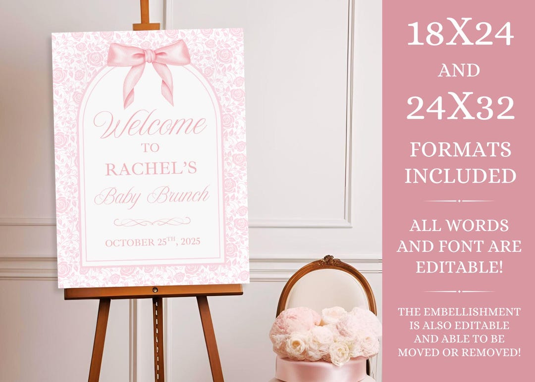 Editable Vintage Pink Bow Baby Brunch Welcome Sign Printable Coquette ...