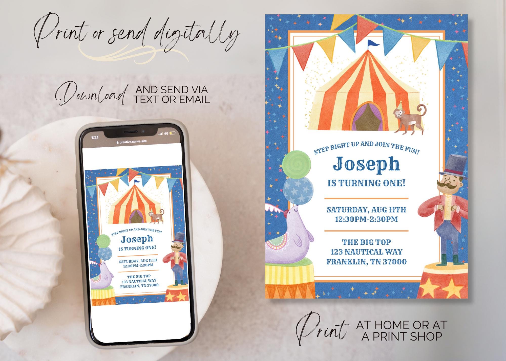Watercolor Circus Birthday Party Invitation Template, Instant Download ...