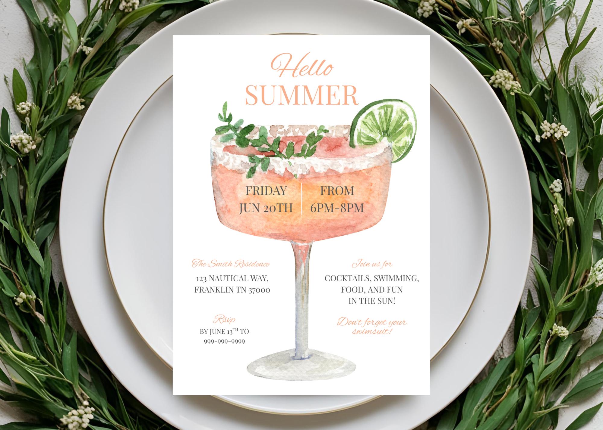 Cocktail Summer Kickoff Party Invitation Template, Hello Summer Pool ...