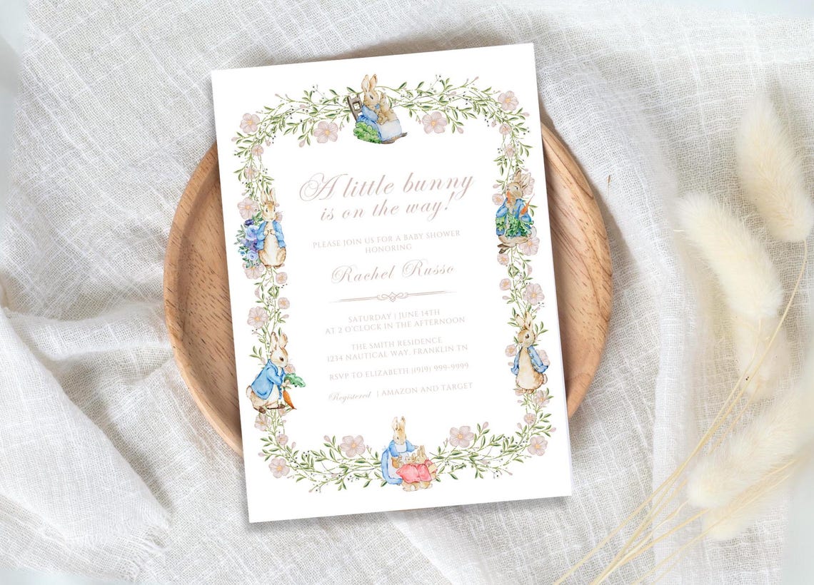Floral Peter Rabbit Baby Shower Invitation, Editable Invite Template ...