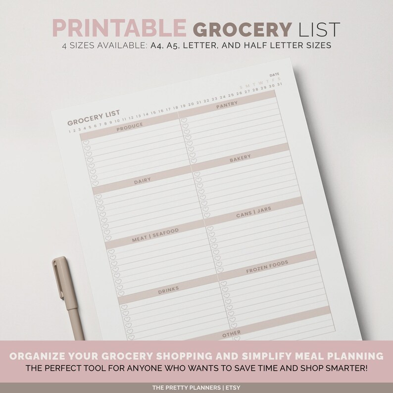 Printable Grocery List Template Get Organized A4/a5/letter/half Size ...