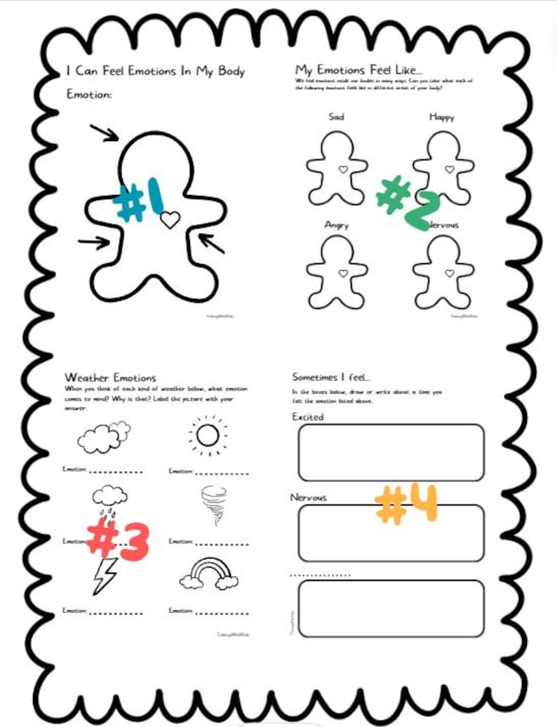 Identify Emotions Worksheet 4-pack | Mindfulness Worksheets - Etsy