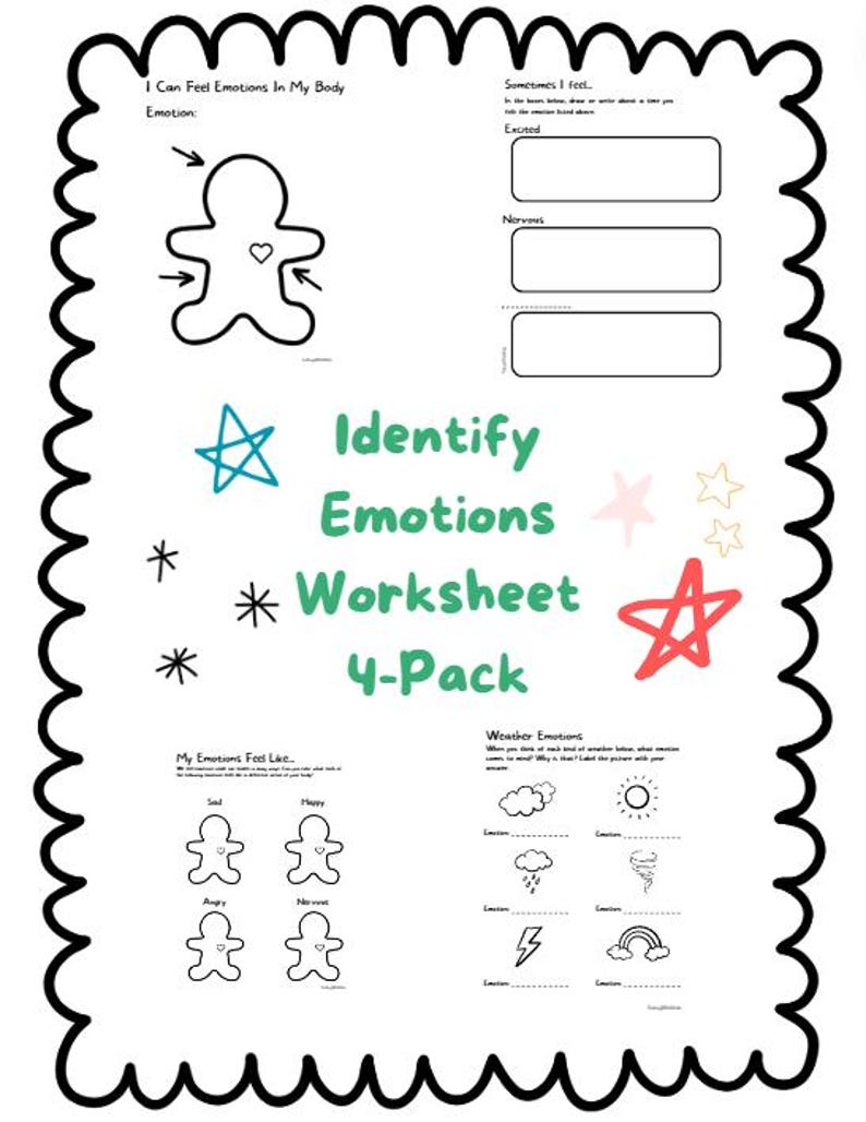 Identify Emotions Worksheet 4-pack | Mindfulness Worksheets - Etsy
