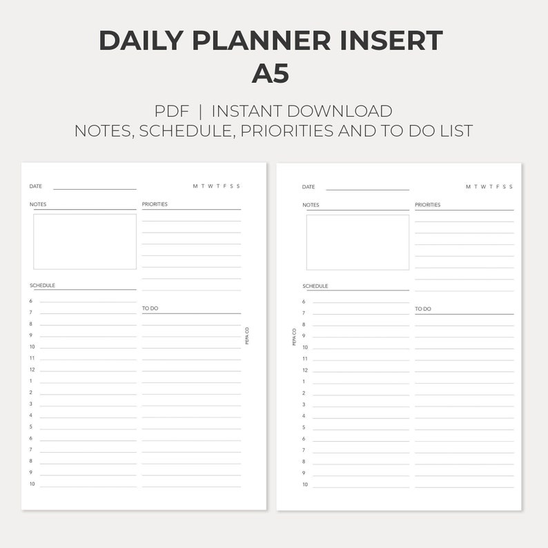 PRINTABLE A5 Daily Planner Insert, Printable Day on One Page A5 ...