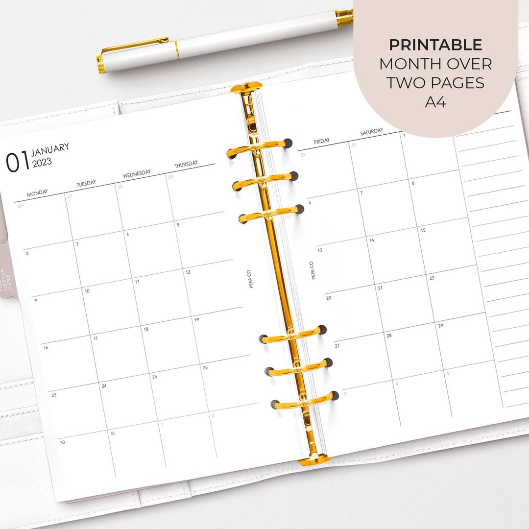 PRINTABLE A4 Dated Planner Month on 2 Pages 2023, Printable Monthly ...