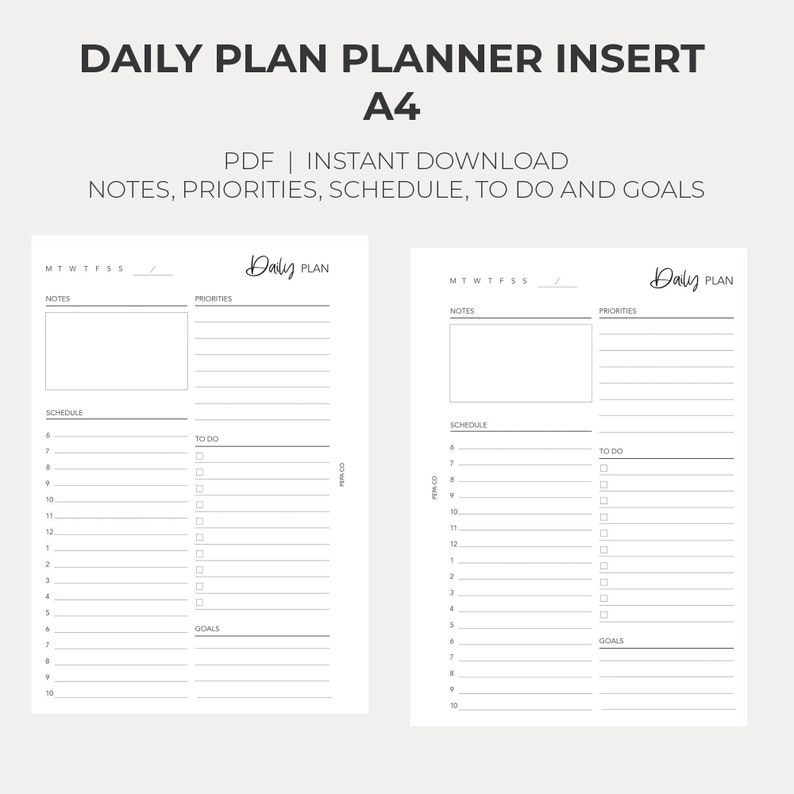 PRINTABLE A4 Daily Plan Planner Insert, Printable Day on One Page ...