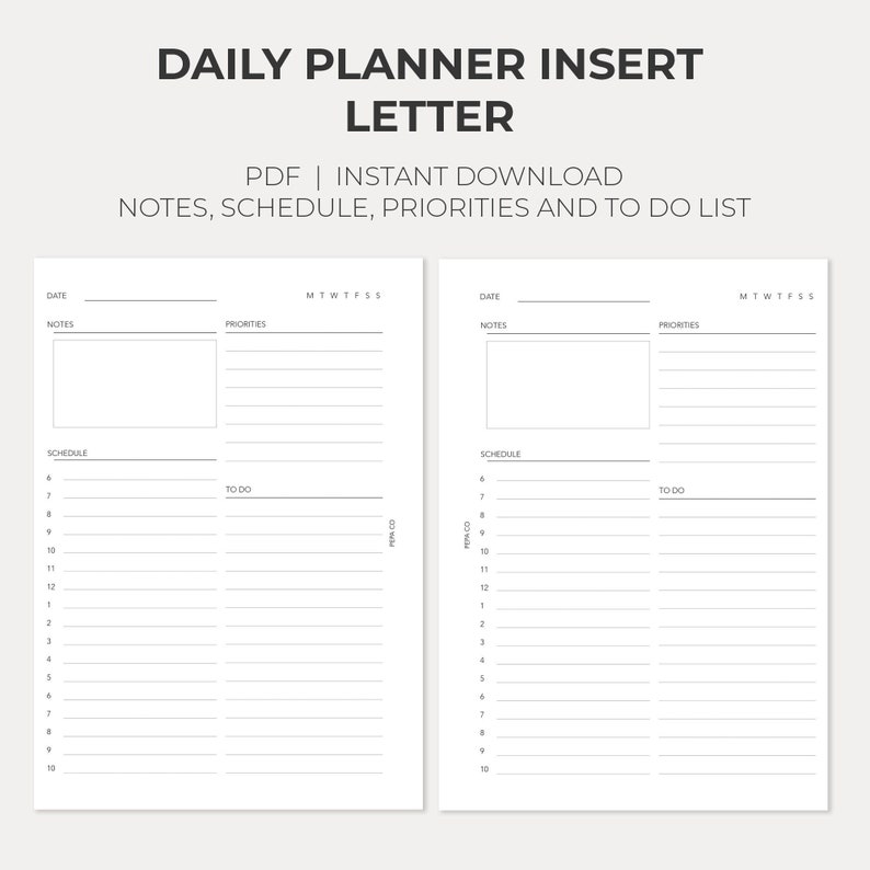PRINTABLE Letter Daily Planner Insert, Printable Day on One Page ...