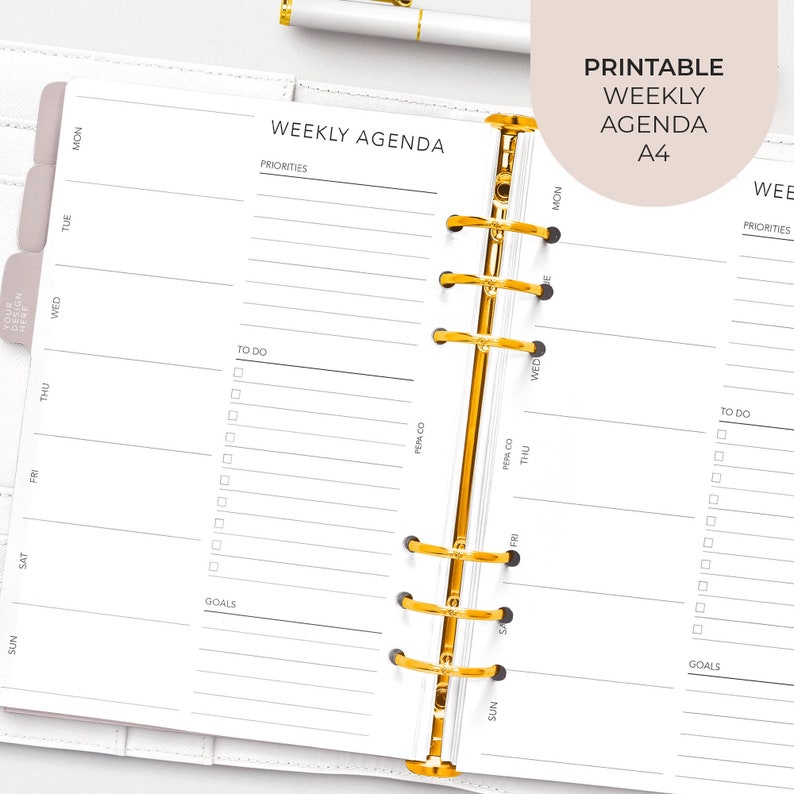 PRINTABLE A4 Weekly Agenda Planner Insert, Printable Week on One Page ...