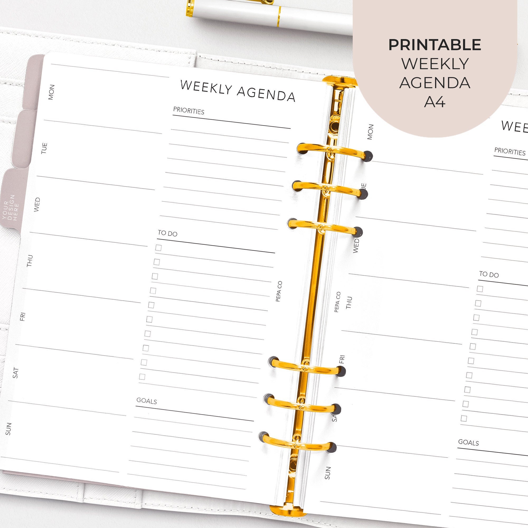 PRINTABLE A4 Weekly Agenda Planner Insert, Printable Week on One Page ...
