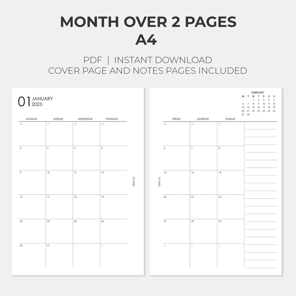 PRINTABLE A4 Dated Planner Month on 2 Pages 2023, Printable Monthly ...