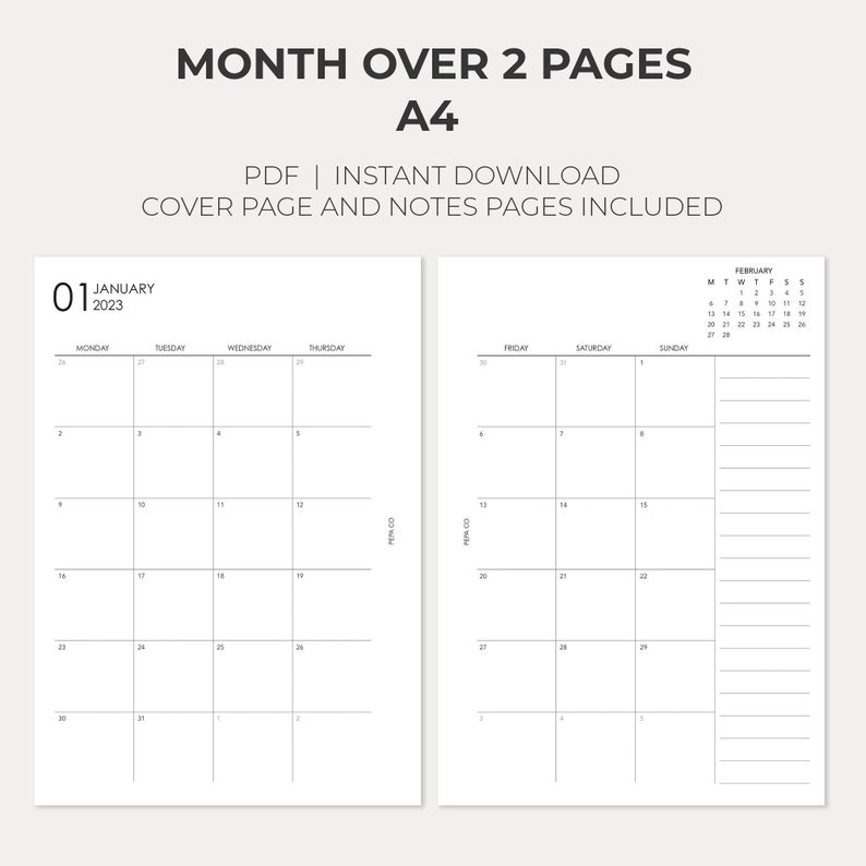 PRINTABLE A4 Dated Planner Month on 2 Pages 2023, Printable Monthly ...