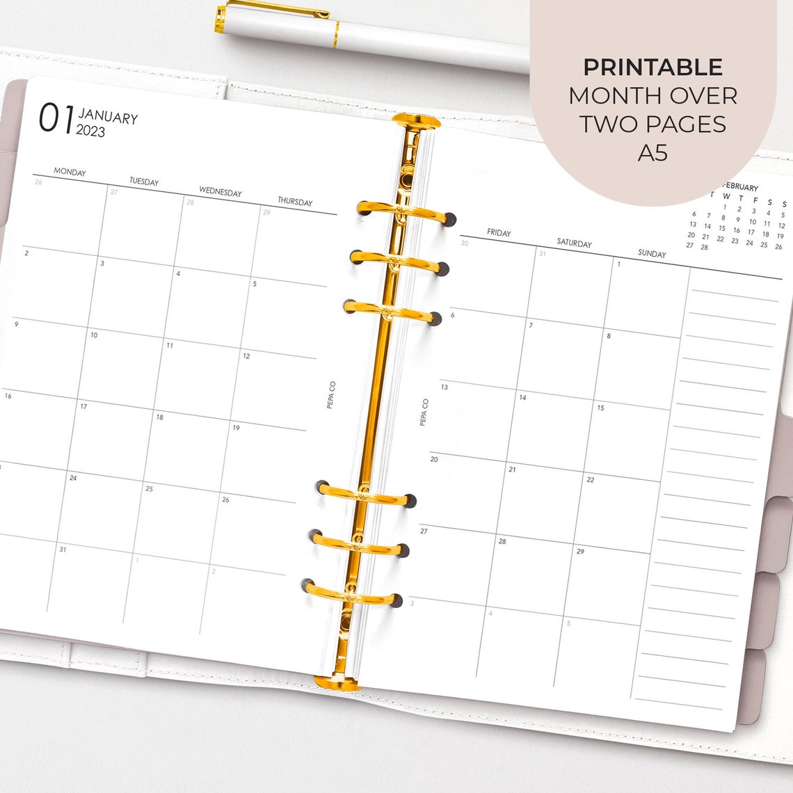 PRINTABLE A5 Dated Planner Month on 2 Pages 2023, Printable Monthly A5 ...