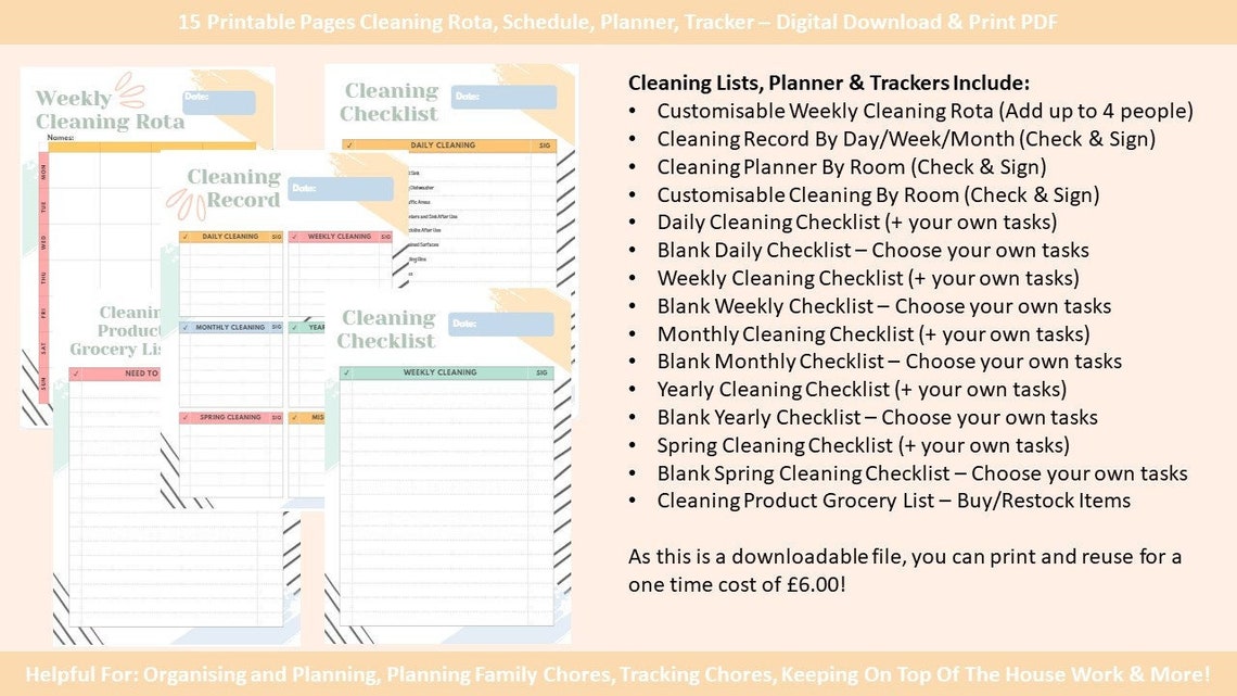Printable Cleaning List Schedule Rota Family Cleaning Pack Spring Clean ...