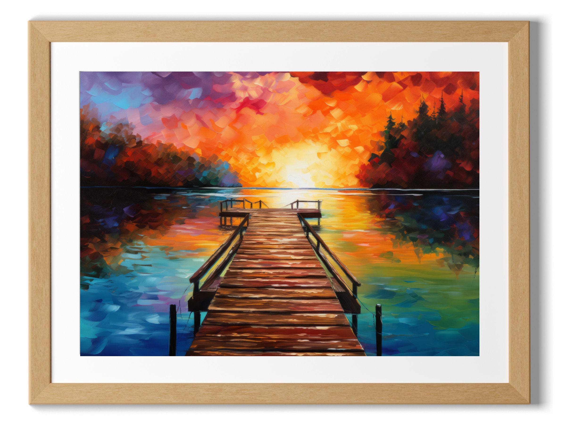 Colorful Sunset Dock Lake Painting Artwork Digital Download - Etsy