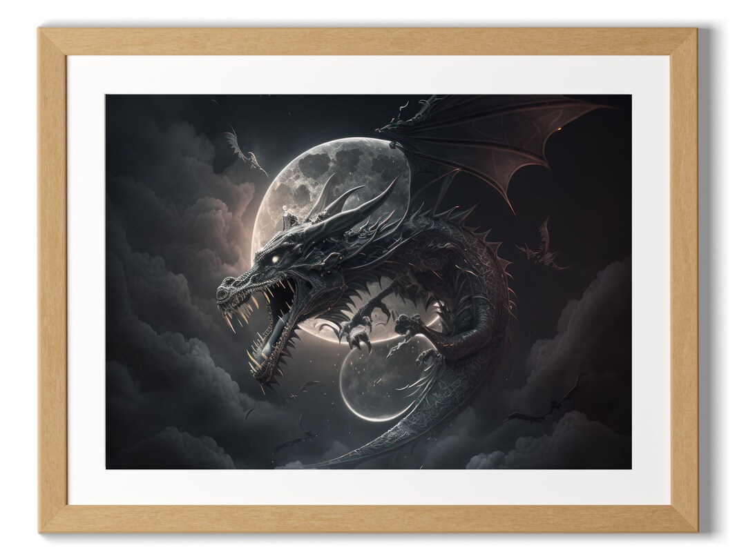 Skeletal Flying Dragon Moon Clouds Sky Artwork Digital Download - Etsy
