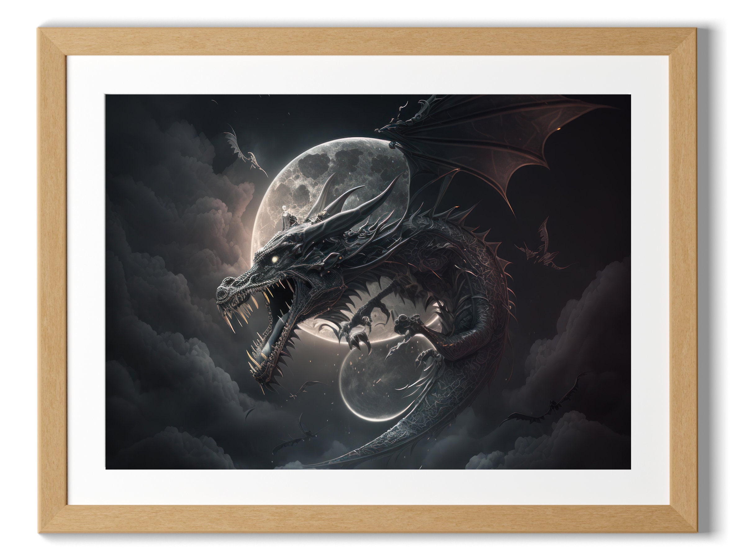 Skeletal Flying Dragon Moon Clouds Sky Artwork Digital Download - Etsy