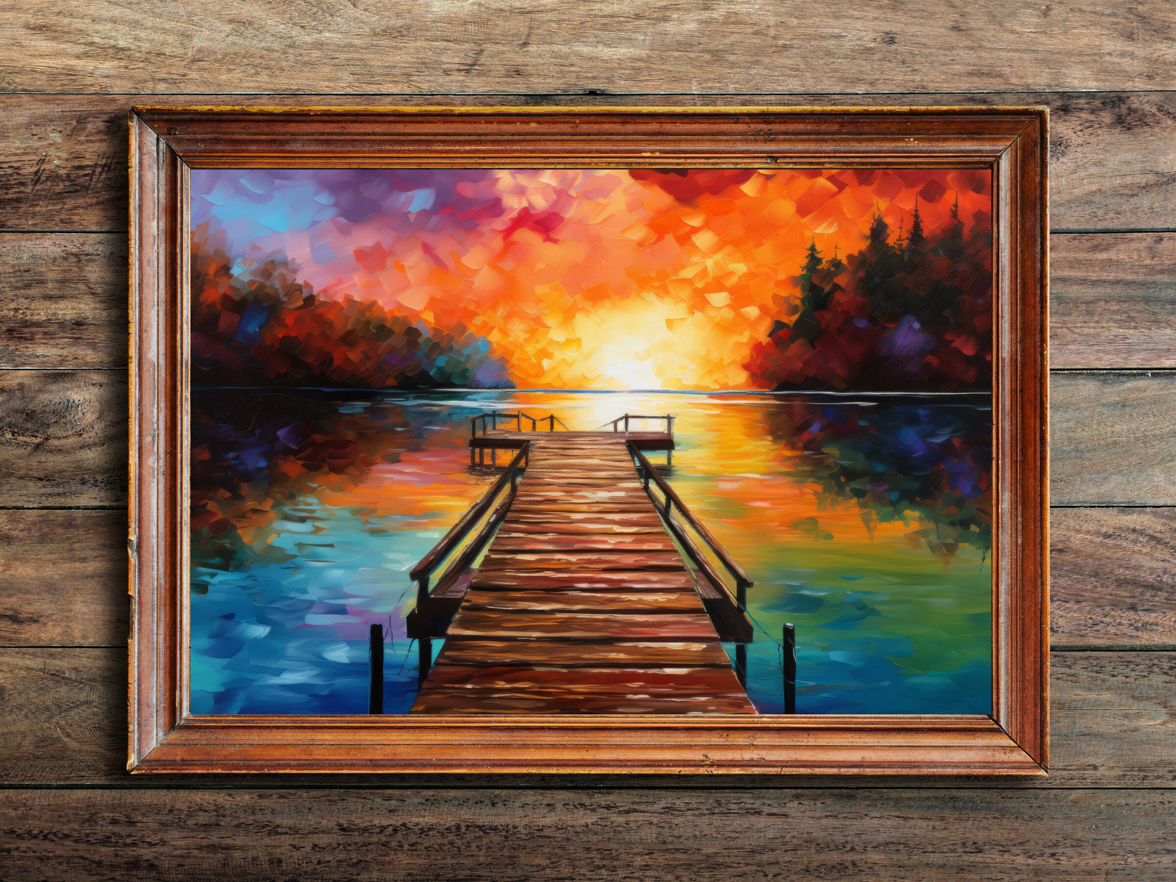Colorful Sunset Dock Lake Painting Artwork Digital Download - Etsy